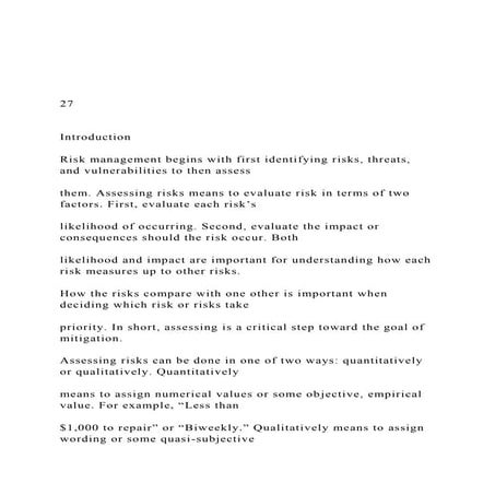 27 Introduction Risk management begins with first .docx