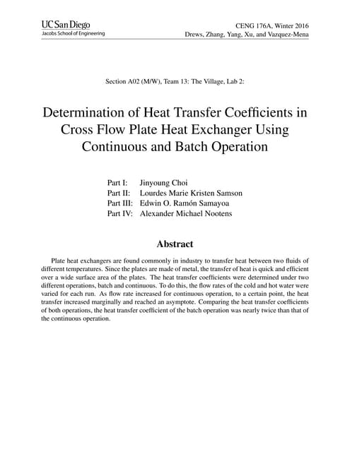 Plate Heat Exchanger Lab Report Group B4 | PDF