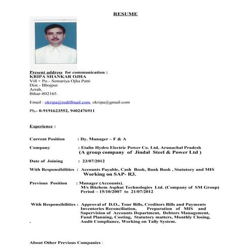 KS Ojha Resume | DOC | Business Accounting & Finance | Business