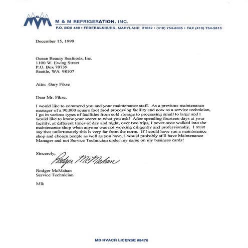 M&M Refrigeration Letter | PDF