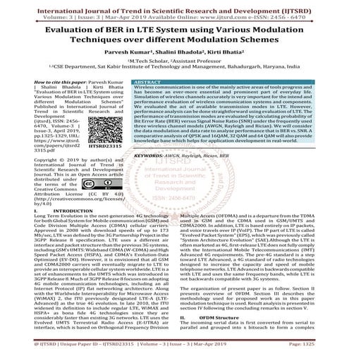 Evaluation Of Ber In Lte System Using Various Modulation Techniques Over Different Modulation