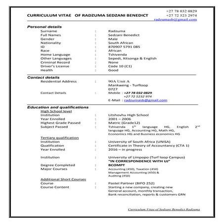 CV-Radzuma S.B Original | PDF | Business | Business and Finance