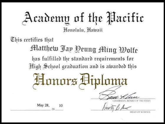 Matthew Wolfe UH Manoa Diploma | PDF