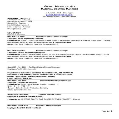 Gamal CV_Mat Cntrl Mngr | DOC | Civil Engineering Industry | Industries