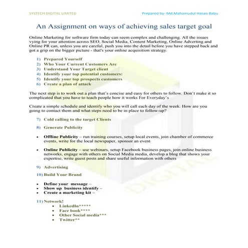 An Assignment on Achievement of sales target | PDF