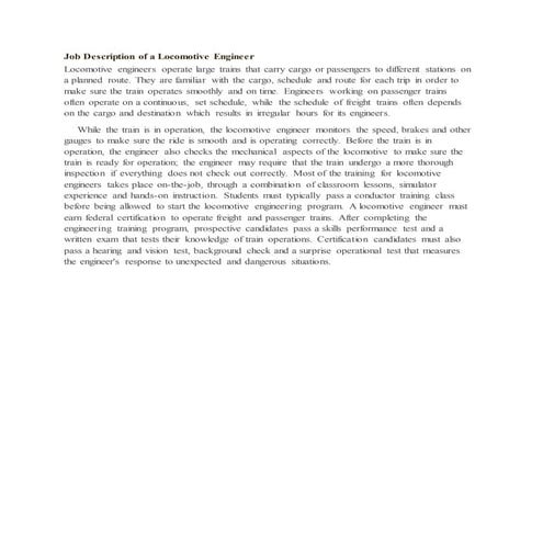 Job Description of a Locomotive Engineer | DOCX | Rail Travel | Travel Type