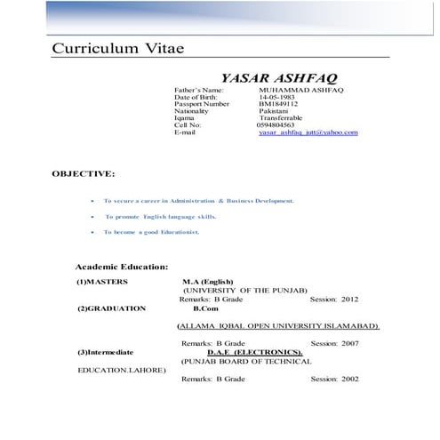 Resume YASAR ASHFAQ | PDF