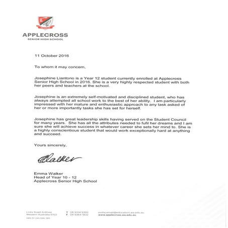 Josephine Liantono's Reference Letter from Ms. Emma Walker | PDF