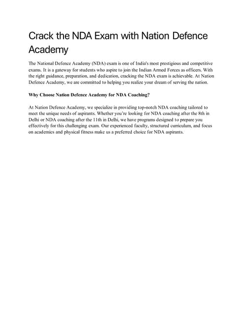 The Evolution of NDA: A History of Excellence in Defence Training | PDF