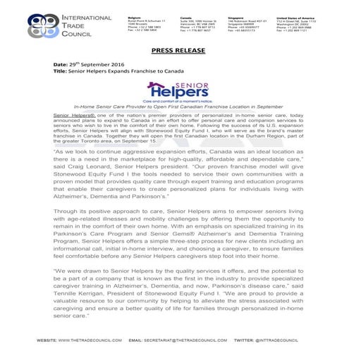 Senior Helpers Expands franchise to Canada | PDF