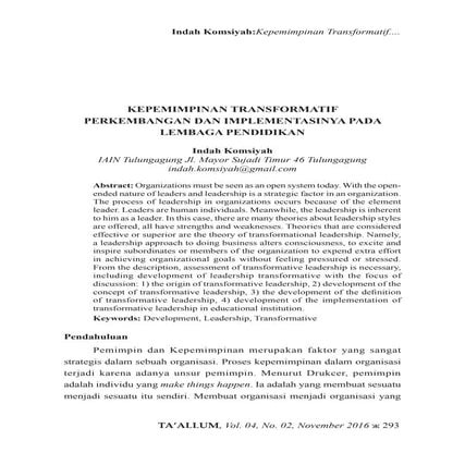 KEPEMIMPINAN TRANSFORMATIF PERKEMBANGAN DAN IMPLEMENTASINYA PADA LEMBAGA PENDIDIKAN | PDF