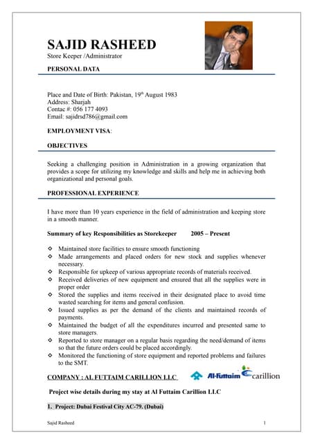 CV For Store Keeper CV For Store Keeper