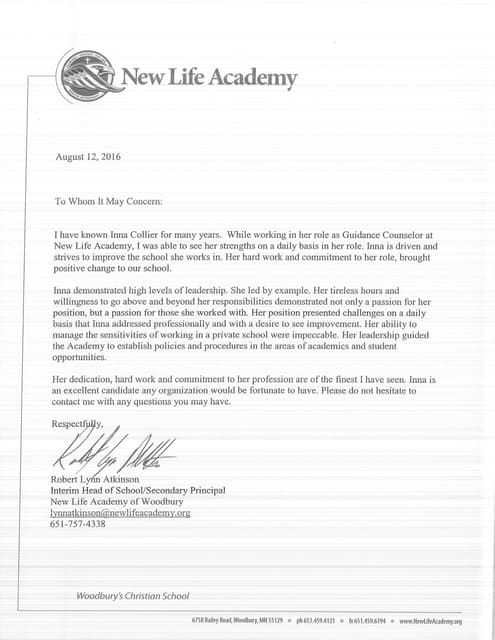 Tech High School Principal's Recommendation Letter for Inna Collier
