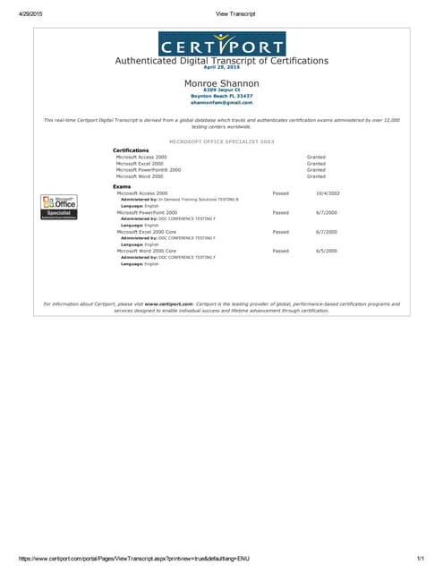 MOS Certifications Transcript | PDF