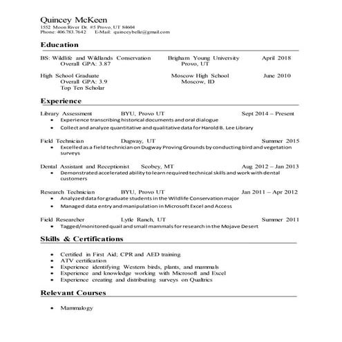 Resume for Senior Seminar | DOCX