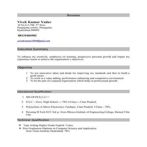 Vivek Kumar Yadav Resume | PDF