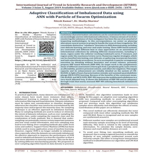 Adaptive Classification Of Imbalanced Data Using Ann With Particle Of Swarm Optimization Pdf