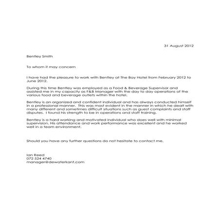 Bentley Smith - Written Reference - The Bay Hotel (Village & Life) | PDF