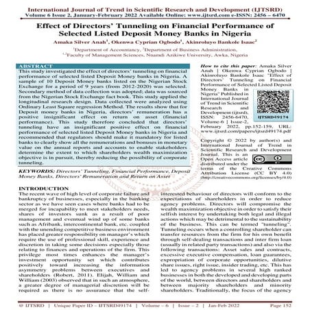 Effect of Directors’ Tunneling on Financial Performance of Selected ...
