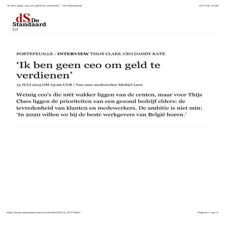 150713 De Standaard - ‘Ik ben geen ceo om geld te verdienen’ | PDF