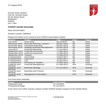 ICAEW_MyExamsTranscript | PDF