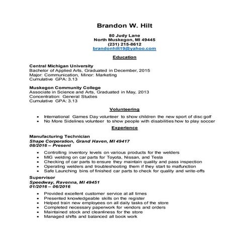 Brandon Hilt's Resume | PDF