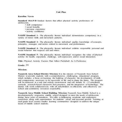 pickleball unit plan nazareth | DOCX
