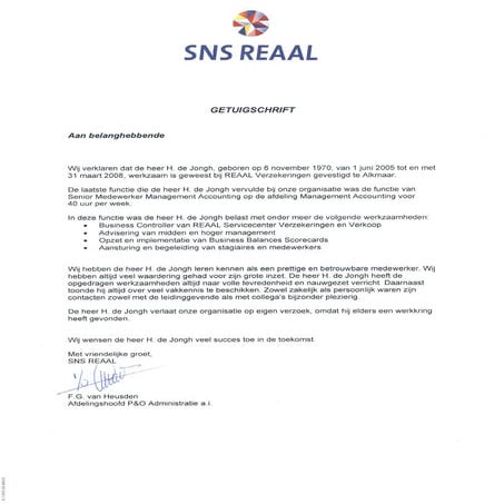Getuigschrift H de Jongh REAAL | PDF