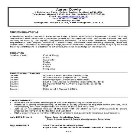 Aaron Cowie CV | DOCX | Sailing | Sports