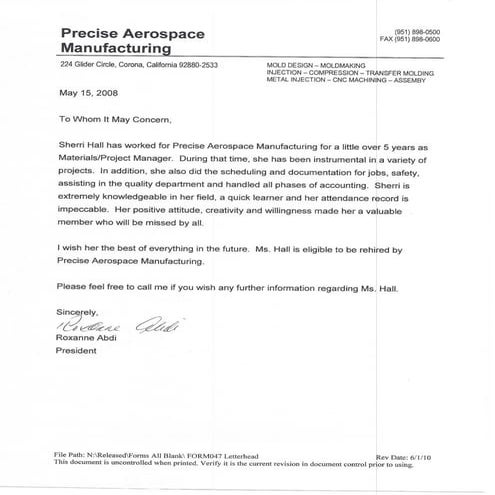 Precise Aerospace Letter of Recommendation | PDF