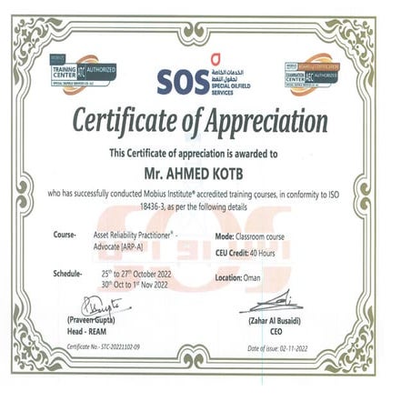 Certificate of Appreciation for Conducting the "Asset Reliability ...