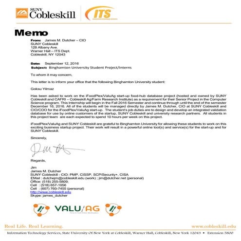 SUNY Cobleskill CIO Memo - BU Interns-Goksu Yilmaz | PDF