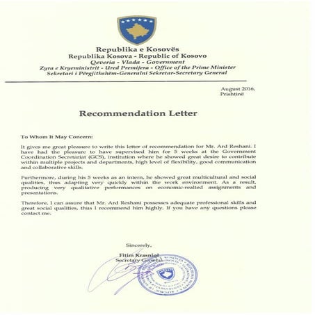 Letër Rekomandim për Ard Reshanin | PDF