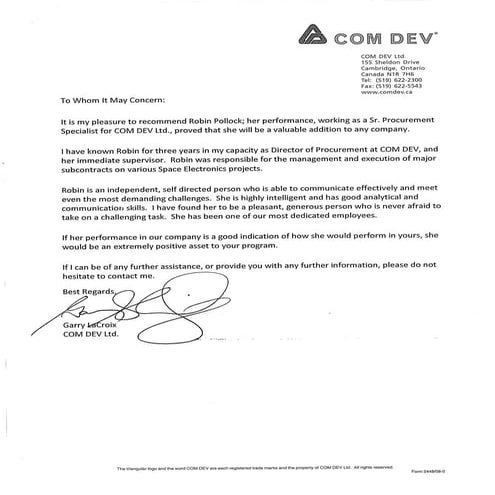 Com Dev Ltd. Reference Letter | PDF