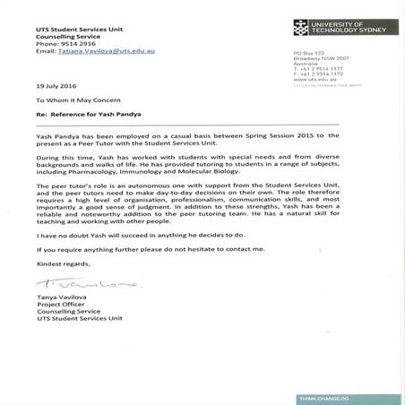 UTS Peer tutor Experience letter | PDF