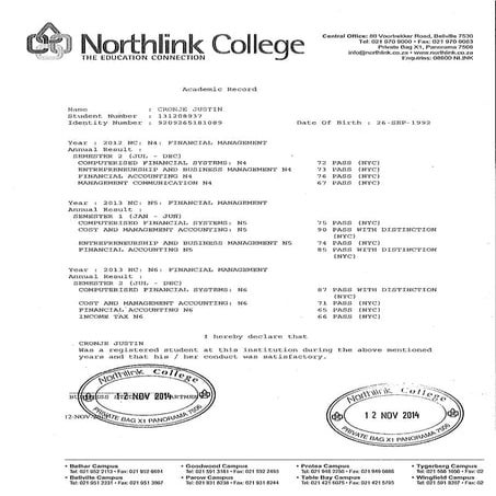 Cronje J Northlink College Academic Transcript 12 Nov 2014 | PDF