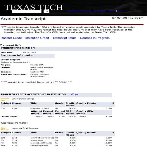 Academic Transcript 2017 | PDF