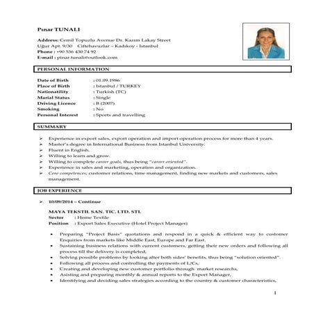 Pınar Tunalı CV (English) | PDF | Sales | Business