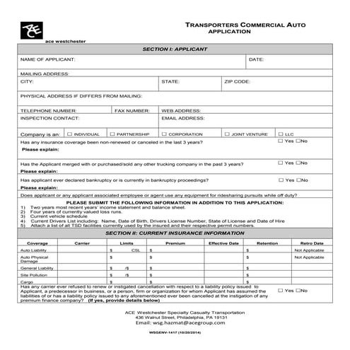 ACE Westchester GENERAL FREIGHT Commercial Auto Application | DOC