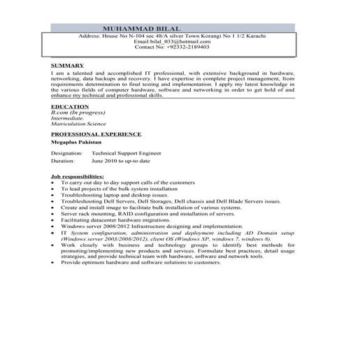Bilal CV | DOC | IT and Internet Support | Internet