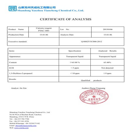 Cationic reagent PTAC 65% information | PDF