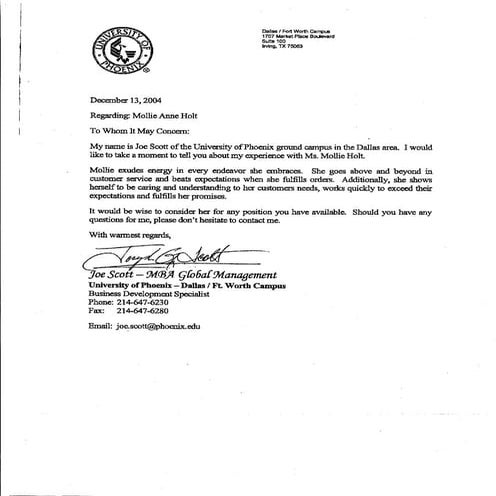 University of Phoenix Reference Letter for Mollie A Holt | PDF