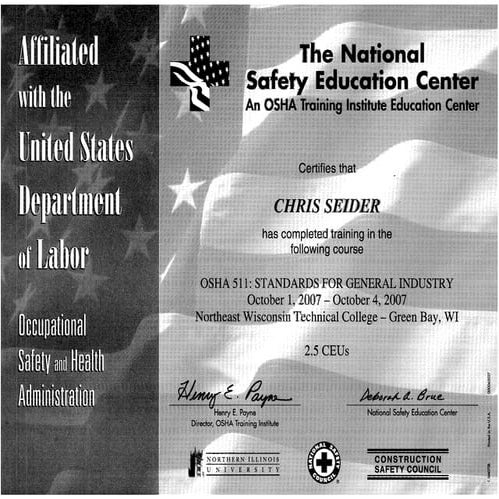 Seider OSHA 511 Certificate | PPT
