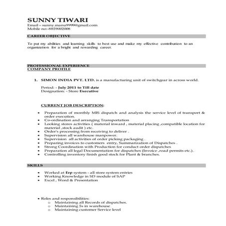 Resume for Store incharge