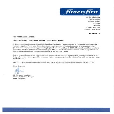 Fitness First Cottons Reference Letter | PDF