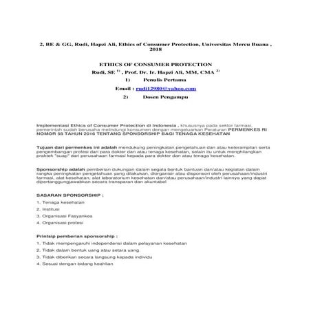 2, be & gg, rudi, hapzi ali, ethics of consumer protection, universitas mercu buana , 2018 | PDF