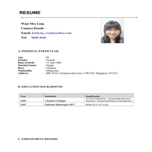 Waai Mee Ling Resume | DOC | Business Accounting & Finance | Business
