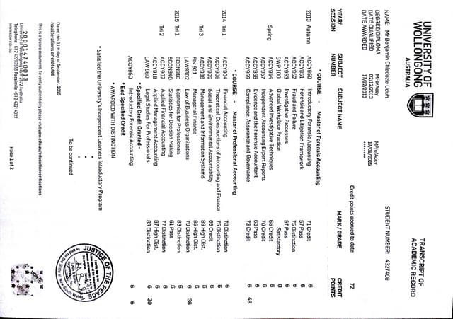 Bicol University Transcript of Records
