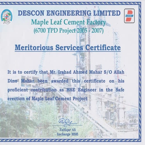 012-Service Certificate Maple Leaf Cement | PDF