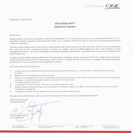 Getuigschrift SoftwareOne - SAM Specialist Zaechery Hansen | PDF
